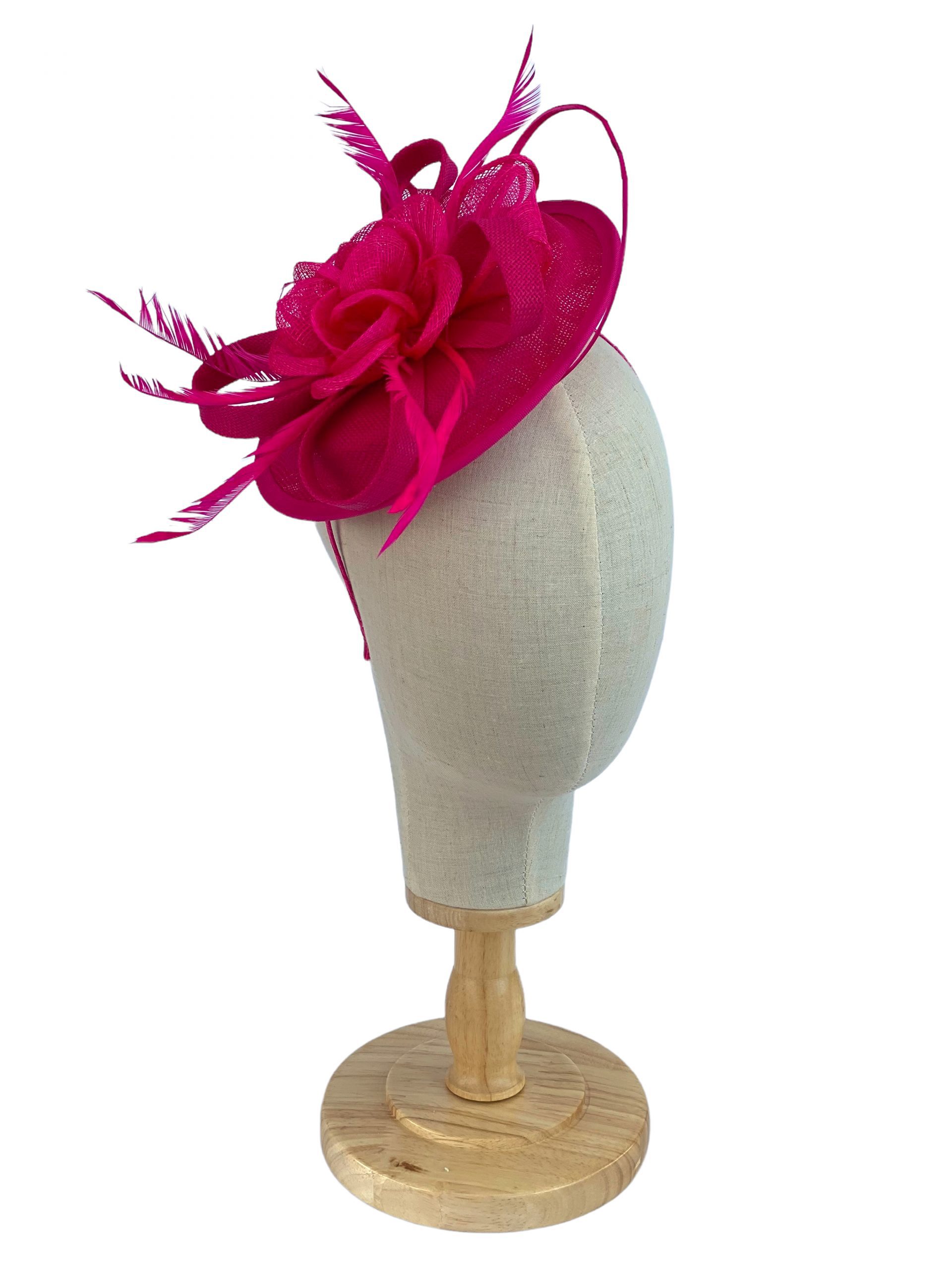 Cerise Hot Pink Sinamay Disk Fascinator With Feathers