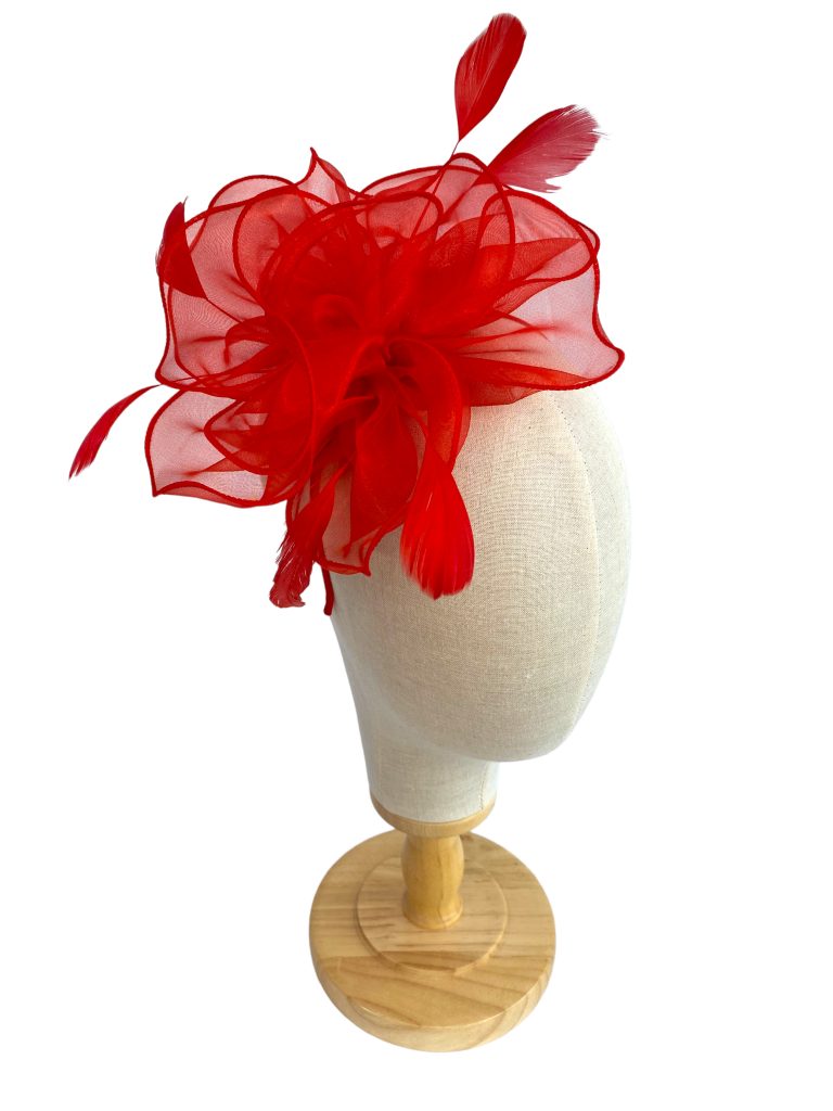 Red and Black Tall Feather Curl Fascinator With Clip and Headband