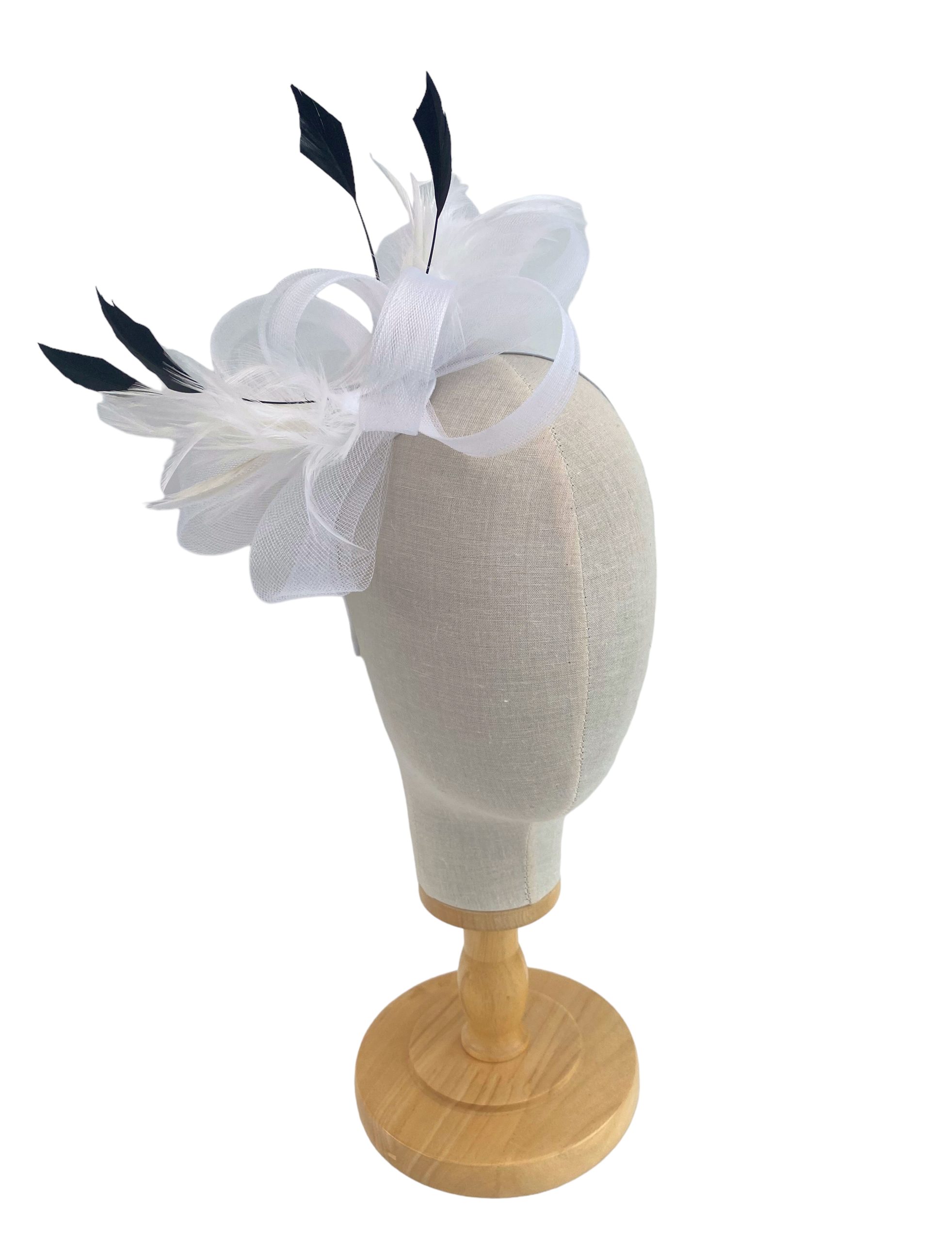 White Bow Fascinator With Black Diamond Feathers