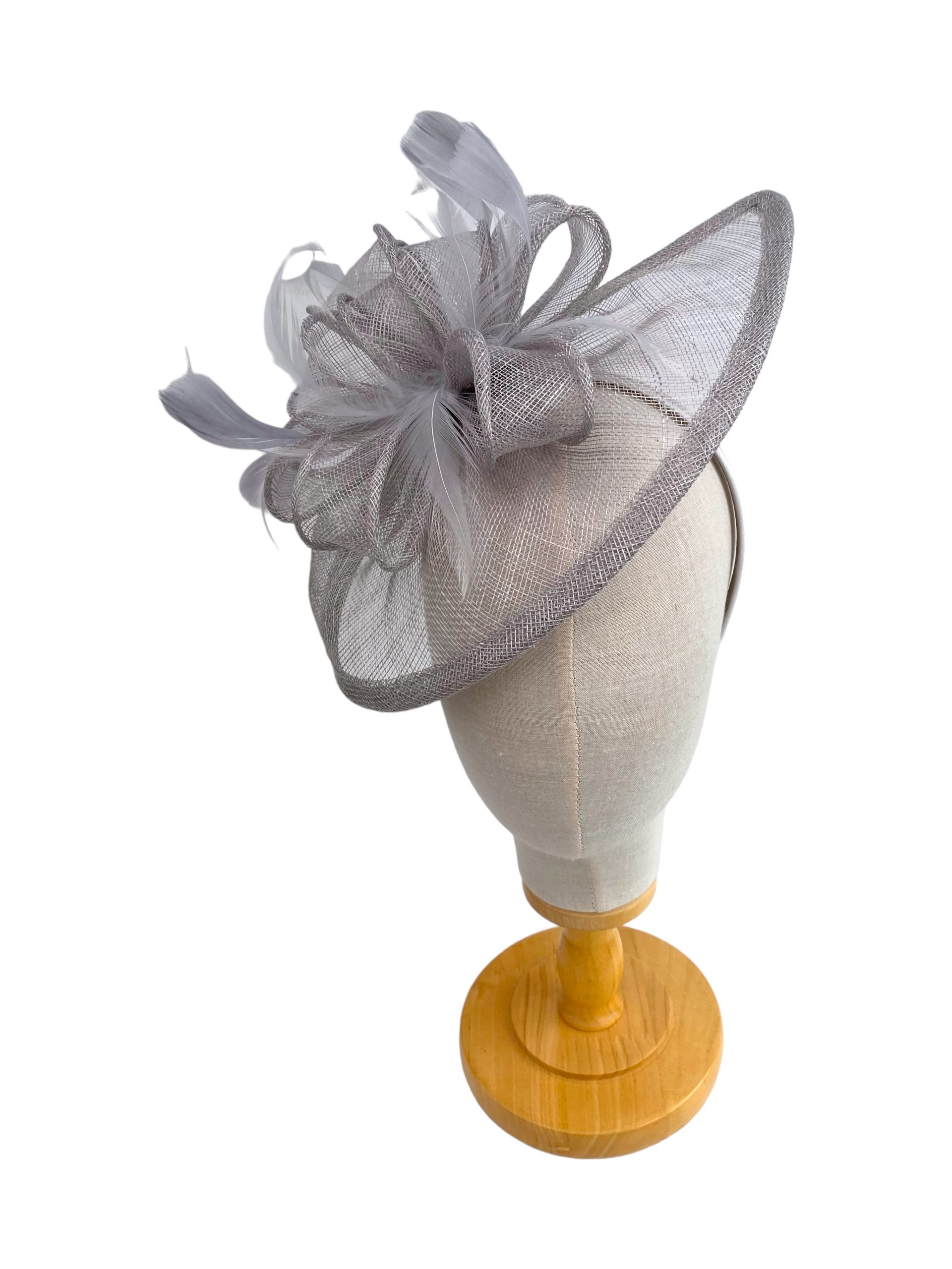 Grey Sinamay Bow and Feather Teardrop Fascinator
